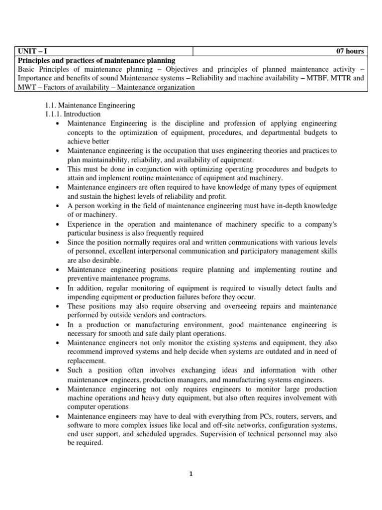 Principles of Maintenance Planning | PDF | Reliability Engineering ...