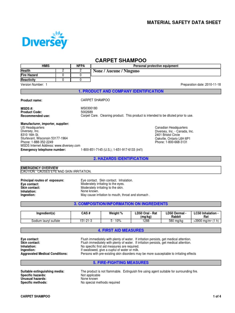 Msds Carpet Shampo | PDF | Personal Protective Equipment | Toxicity