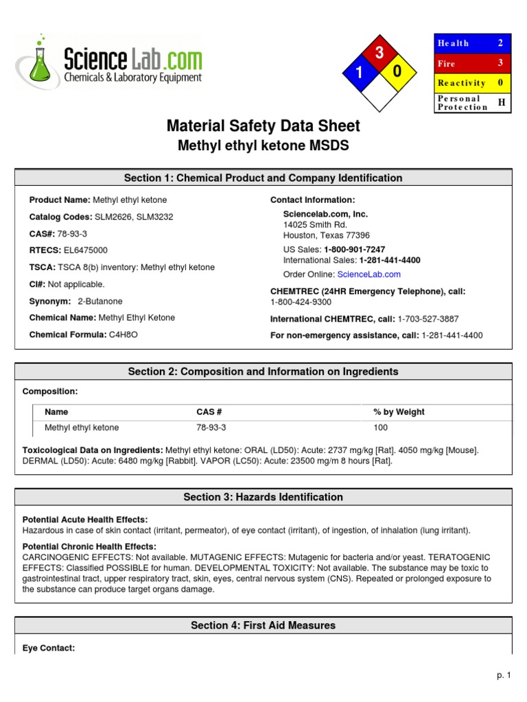 Msds Methyl Ethyl Ketone (Thinner) | PDF | Water | Toxicity