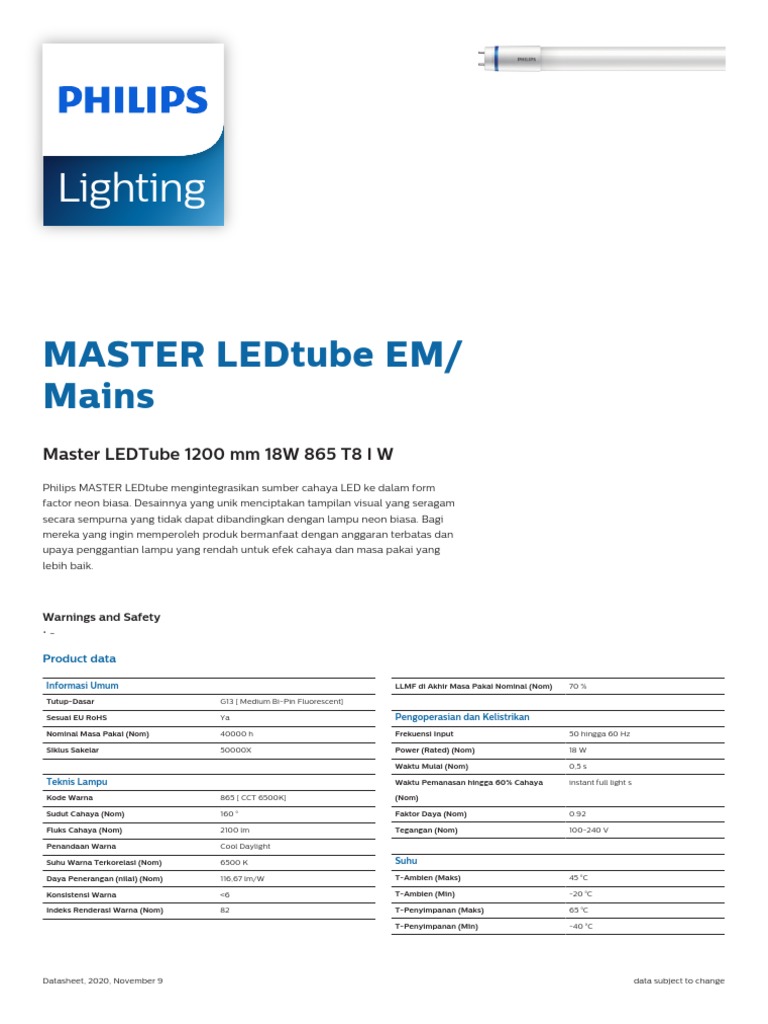 Master LEDTube 1200 MM 18W 865 T8 I W | PDF