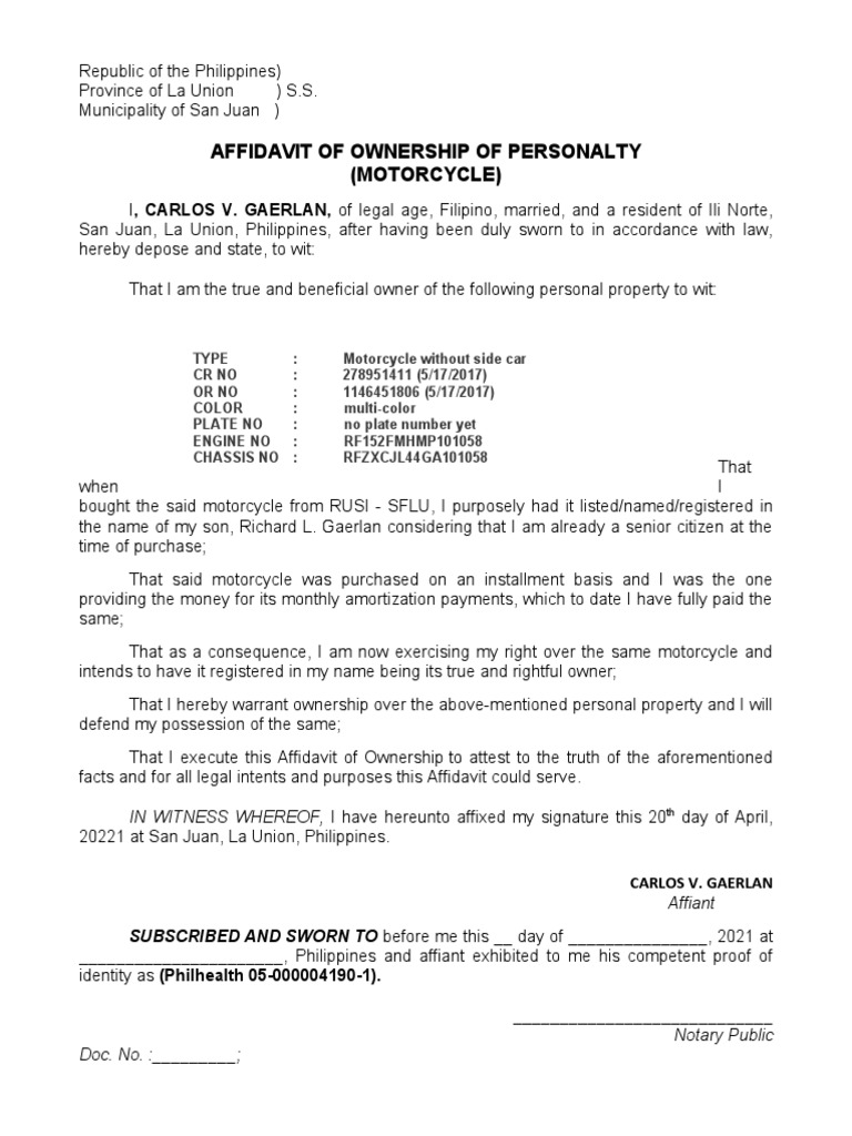 Affidavit of Ownership of Personalty Motorcycle | PDF | Affidavit ...