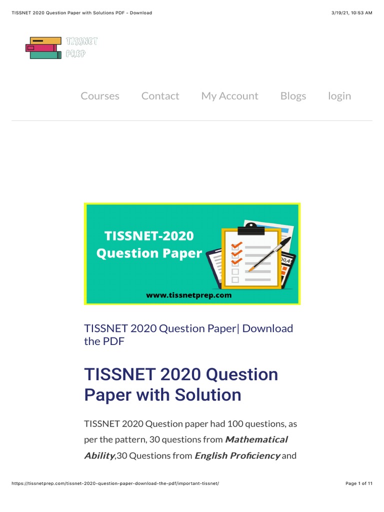 TISSNET 2020 Question Paper With Solutions PDF - Download | PDF ...