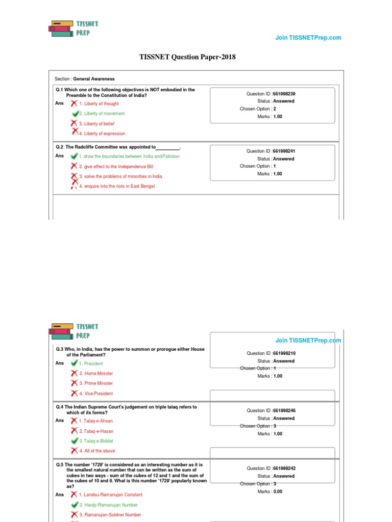 TISSNET Question Paper-2018: Section: General Awareness | PDF | Economy ...
