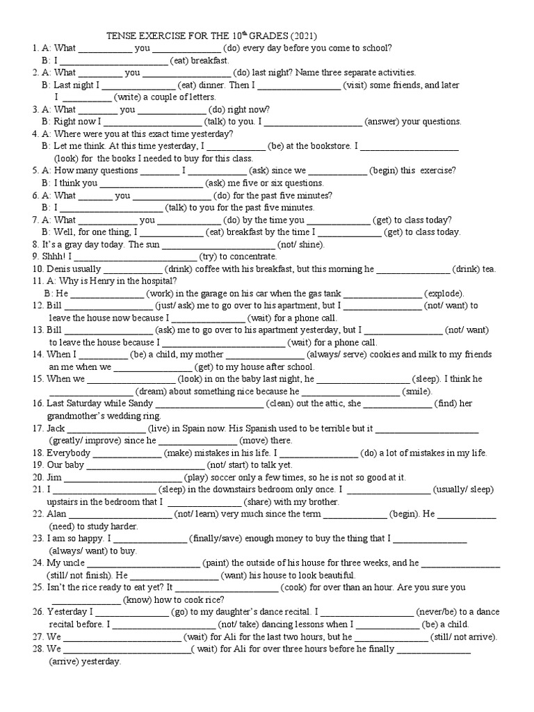 ++TENSE EXERCISE FOR THE 10th GRADES | PDF