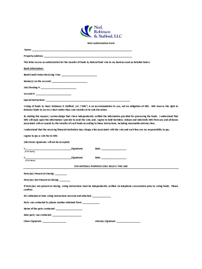 Wire Authorization Form Name: - Property Address | PDF | Wire Transfer ...