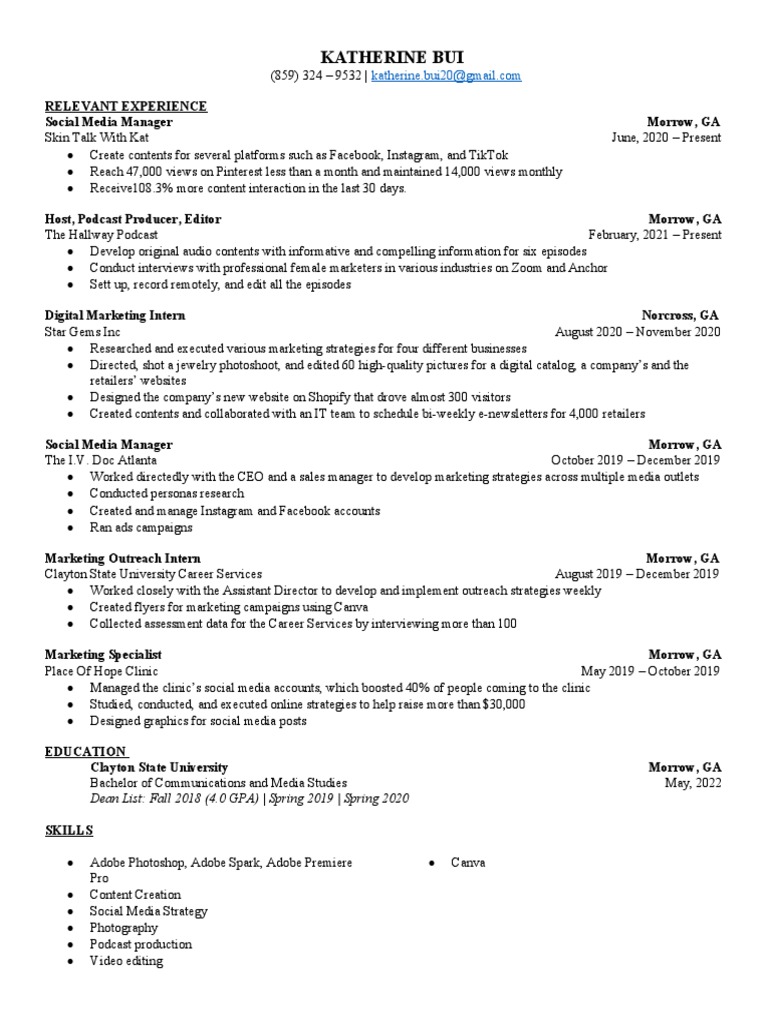 Katherine Bui: Dean List: Fall 2018 (4.0 GPA) - Spring 2019 - Spring ...