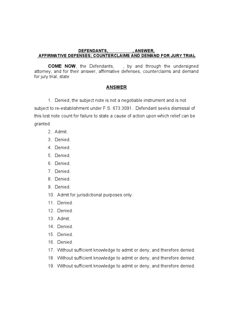 Defendants' Answer and Affirmative Defenses | PDF | Foreclosure | Loans