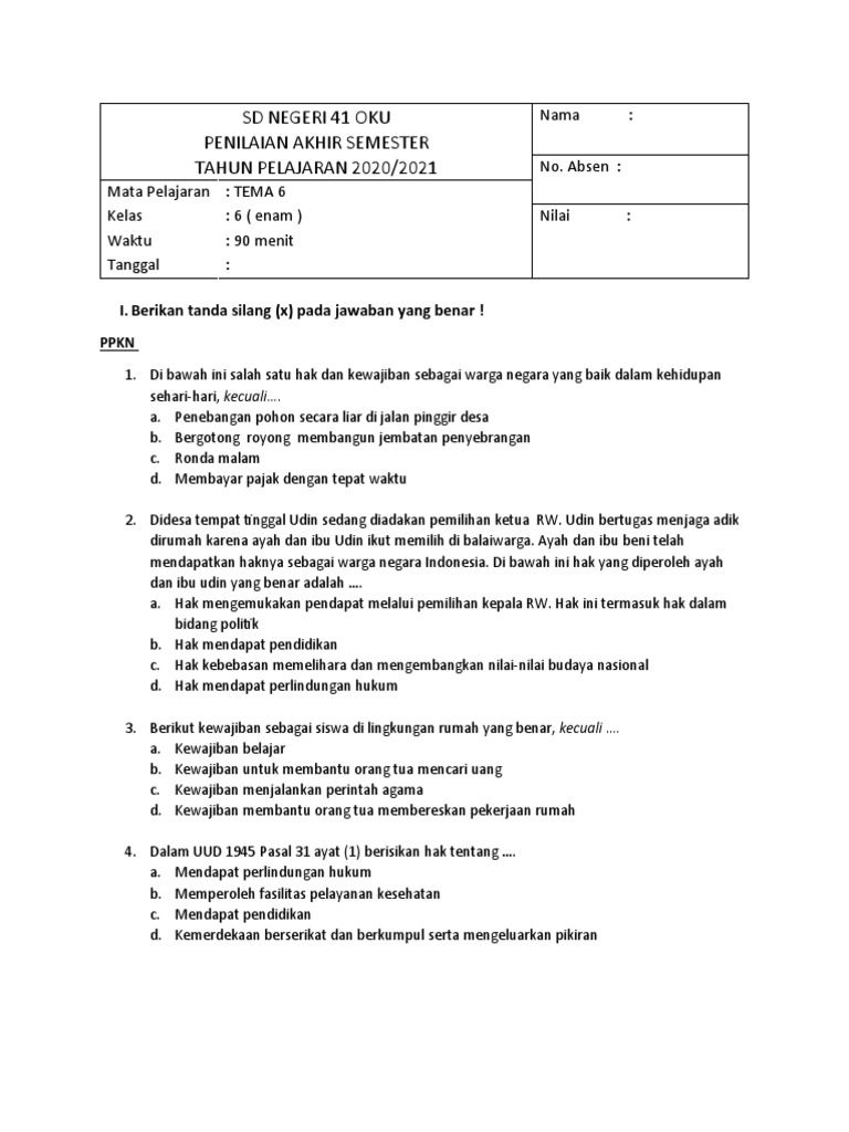 Soal Pas Kelas 6 Tema 6 | PDF