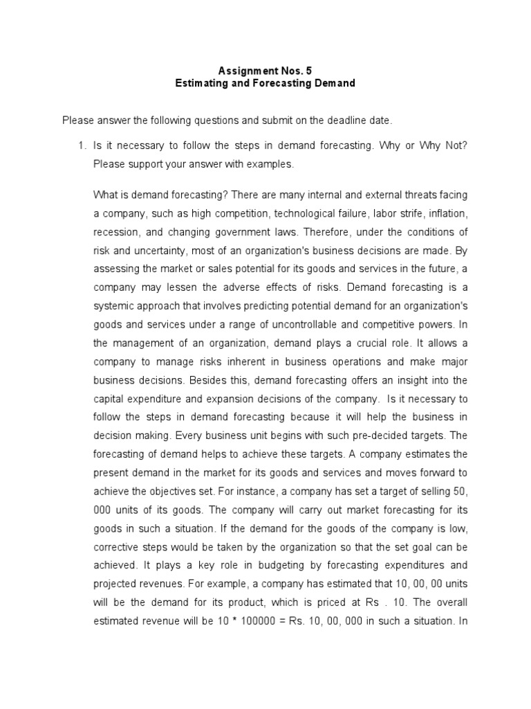 Assignment Nos. 5 Estimating and Forecasting Demand | PDF | Forecasting | Demand