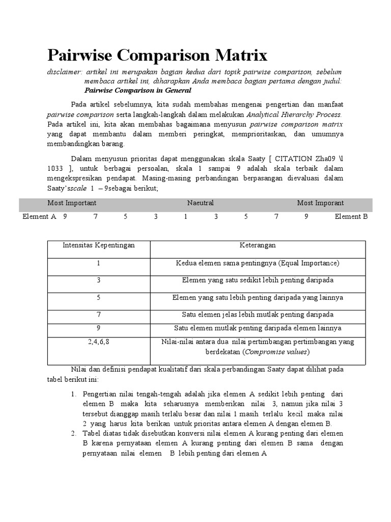 Pairwise Comparison Matrix | PDF
