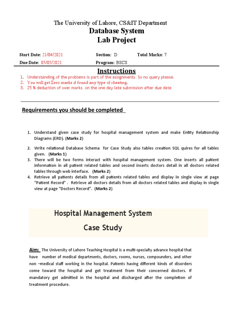 Database System Lab Project: Instructions | PDF | Patient | Hospital