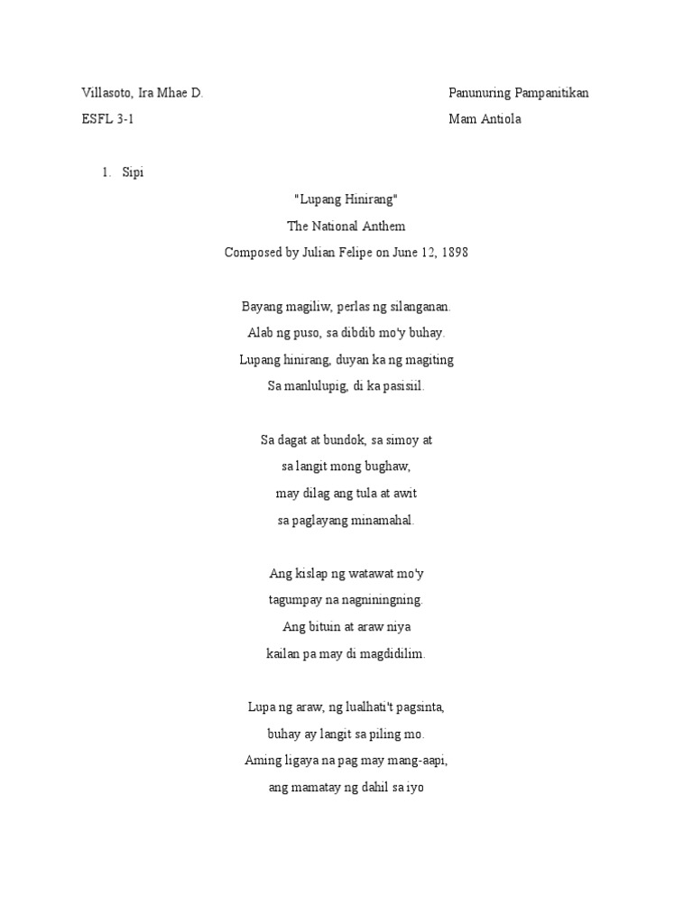 Pagsusuri NG Tula Lupang Hinirang | PDF