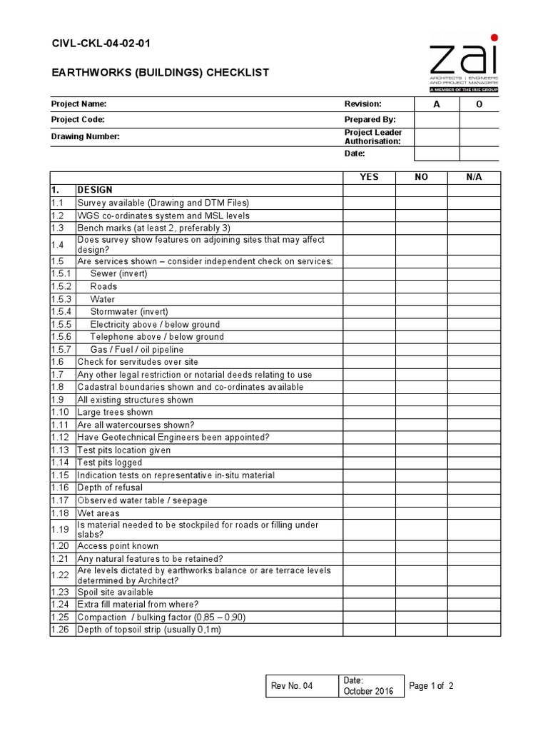 CIVL-CKL-04-02-01 Earthworks (Buildings) Checklist | PDF | Geotechnical ...