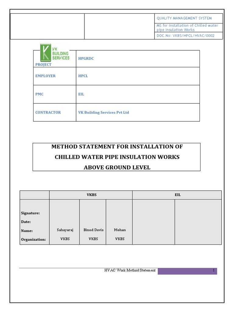 Method Statement For Installation of Chilled Water Pipe Insulation ...