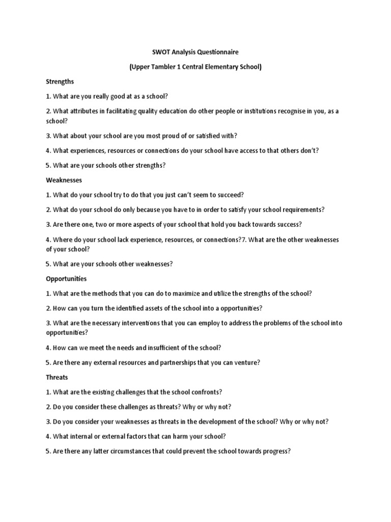 SWOT Analysis Questionnaire | PDF