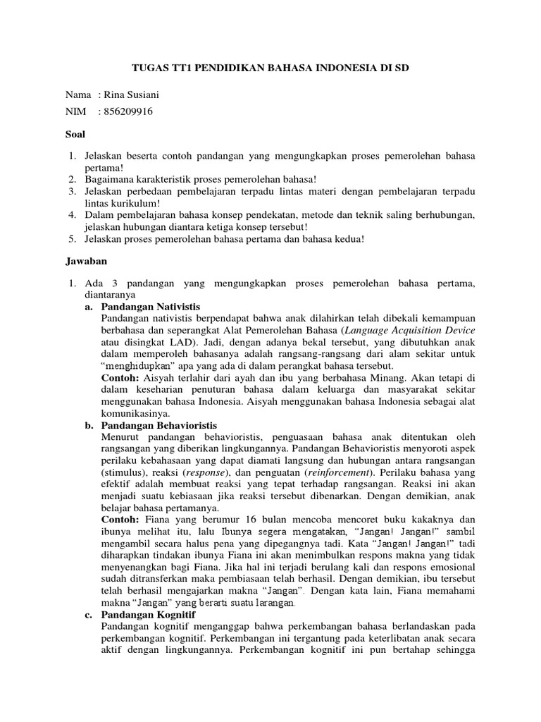 Tugas TT1 Pendidikan Bahasa Indonesia Di SD | PDF