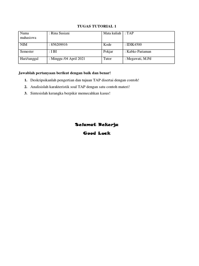Tugas Tutorial Tap | PDF | Karier & Perkembangan | Seni & Disiplin Bahasa