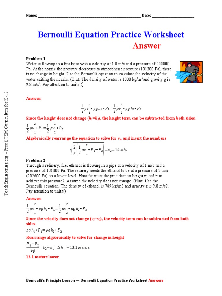 Bernoulli Equation Practice Worksheet | PDF | Pressure | Fluid Dynamics
