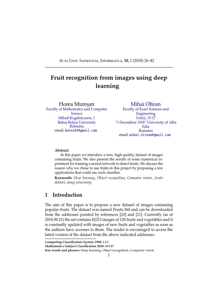 Fruit Recognition From Images Using Deep Learning: Horea Mures An | PDF ...