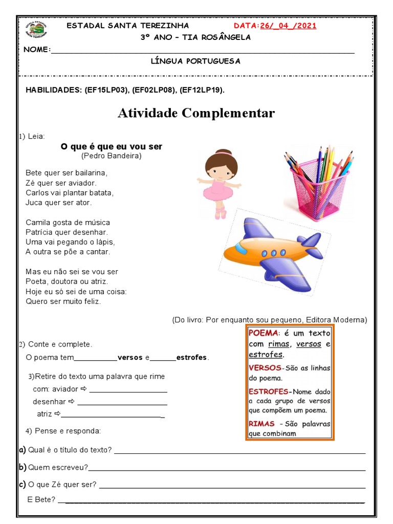 Atividade Complementar 1º Bimestre 3º Ano | PDF | Ambiente natural | Família