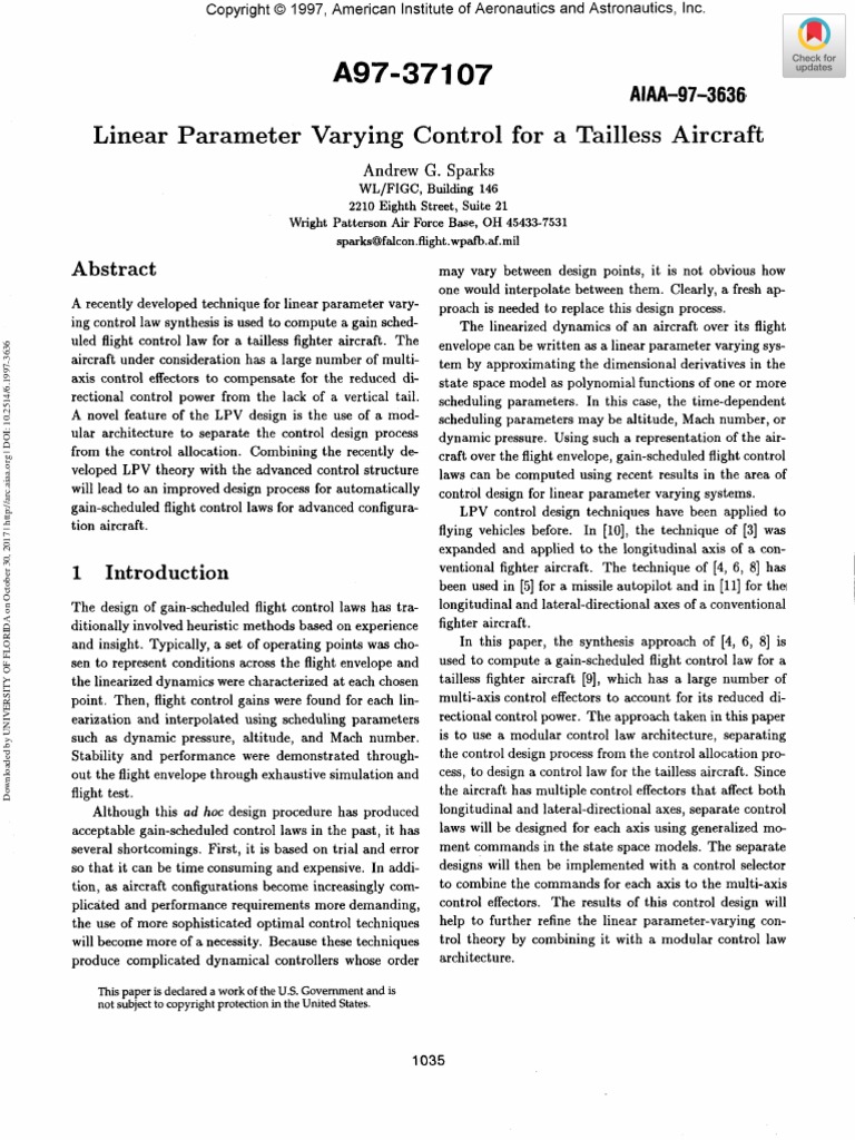 Linear Parameter Varying Control For A Tailless Aircraft Pdf
