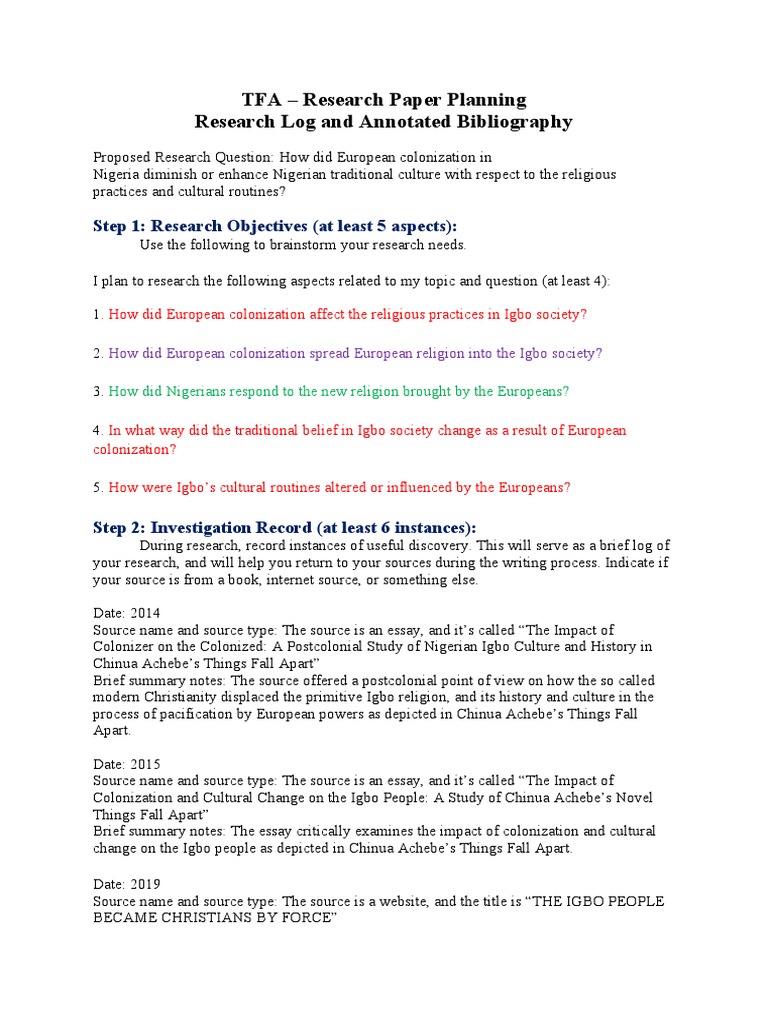 TFA - Research Log and Annotated Bib | PDF | Igbo People | Postcolonialism