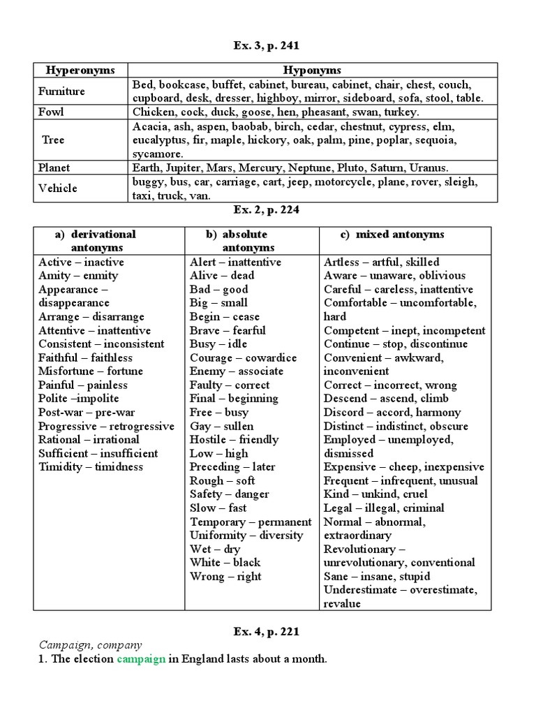 Ex. 3, P. 241 Hyperonyms Hyponyms: Campaign | PDF | Nature