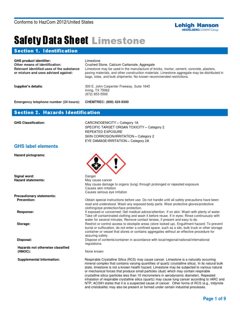 Safety Data Sheet: Limestone | PDF | Personal Protective Equipment ...
