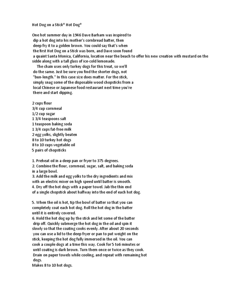 Hot Dog On A Stick Hot Dog | PDF | Cooking, Food & Wine | Wellness