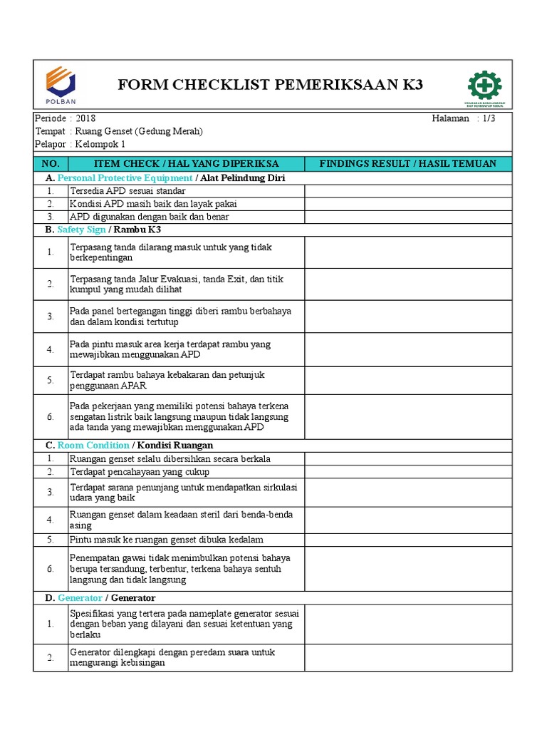 Form Checklist Pemeriksaan k3 - Compress | PDF