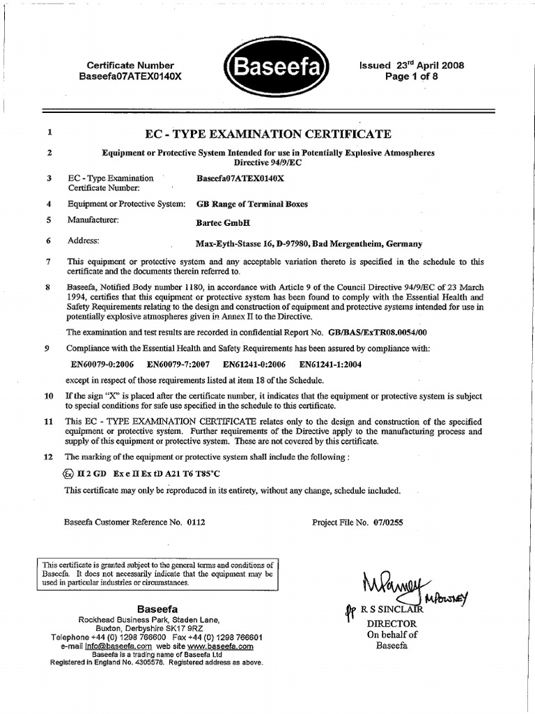 Baseefa 07 ATEX 0140X - Cert | PDF