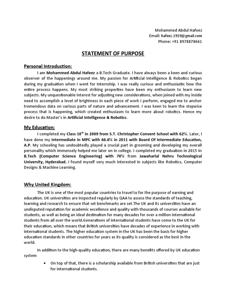 Statement of Purpose: Personal Introduction | PDF | International ...
