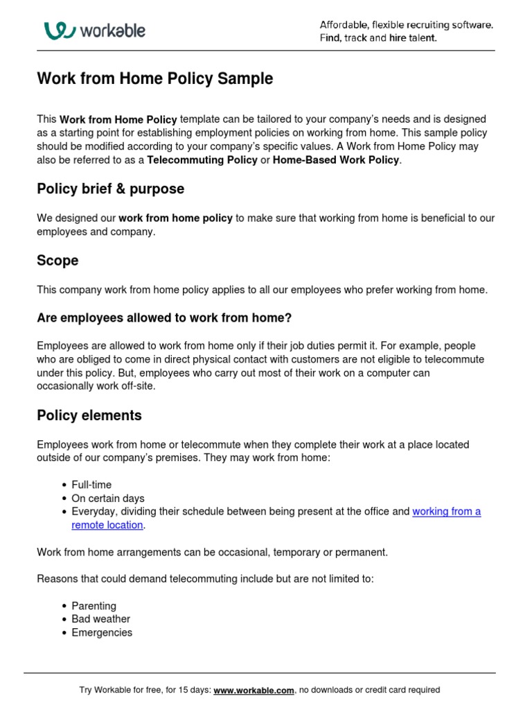 Work From Home Policy Sample | PDF | Telecommuting | Employment