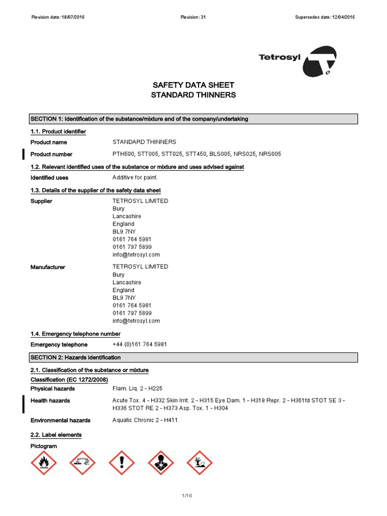 Standard Thinners MSDS | Download Free PDF | Dangerous Goods | Toxicity