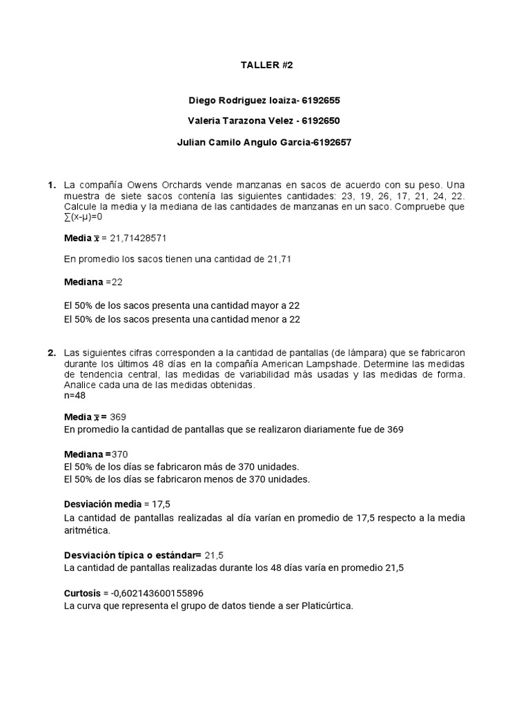 TALLER # 2 Prob y Est | Descargar gratis PDF | Media | Oblicuidad