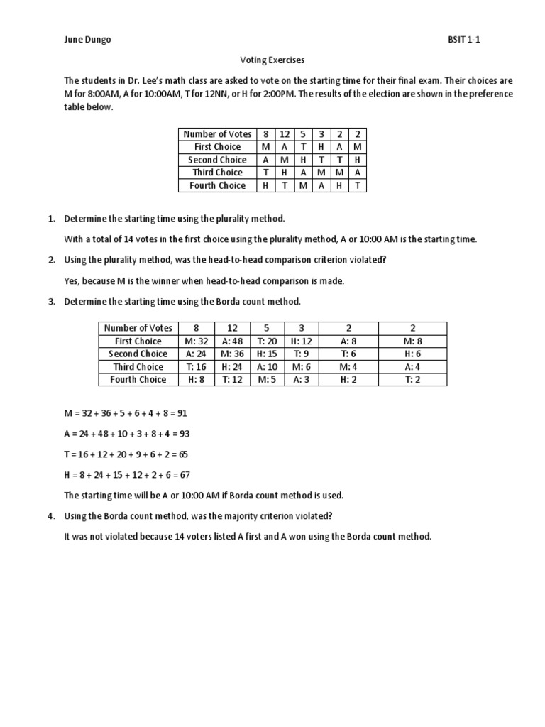 Voting Methods for Final Exam Time | PDF | Voting | Elections