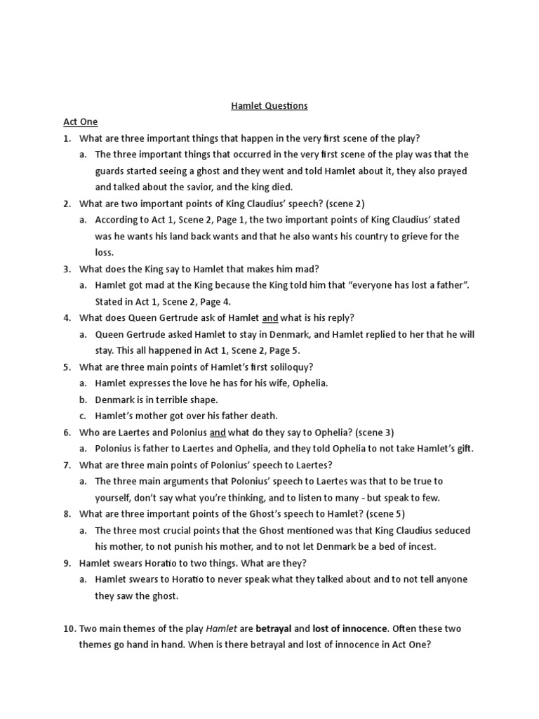Hamlet Study Questions ACTS 1-5 | PDF | Hamlet | Shakespearean Tragedies