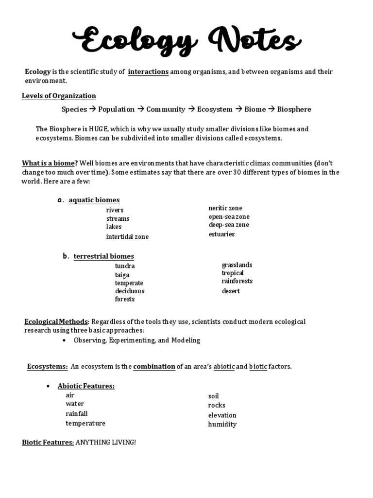 Ecology Notes Species Population Community Ecosystem Biome Biosphere
