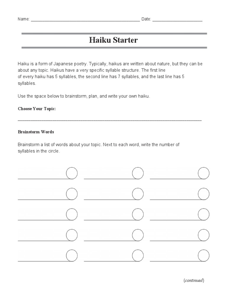 Haiku worksheet