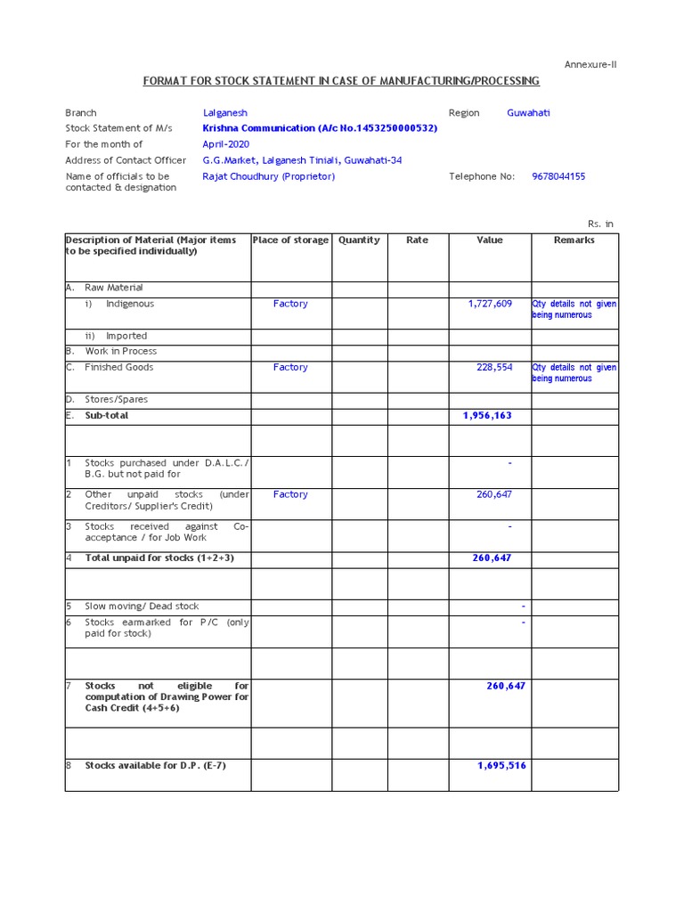 Stock Statement for Krishna Communication | PDF | Insurance | Valuation ...