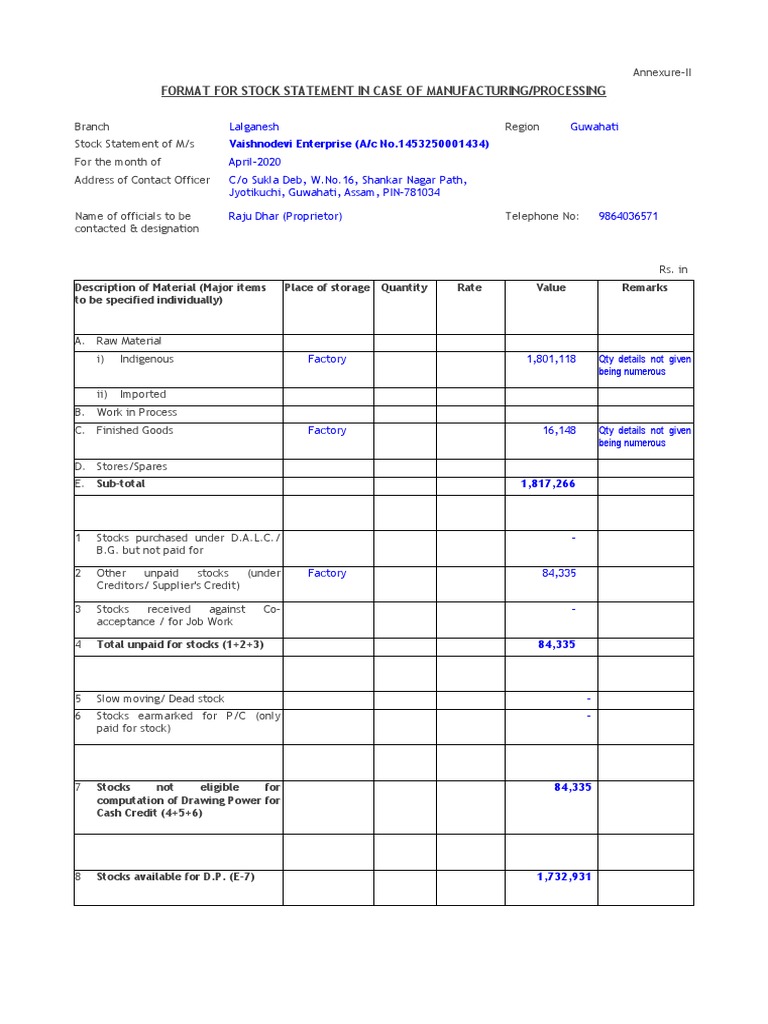 Stock Statement Format for Manufacturing | PDF | Insurance | Valuation ...