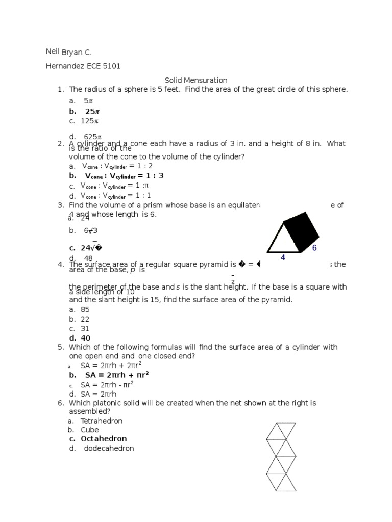 Solid Mensuration Problems & Solutions | PDF | Area | Angle