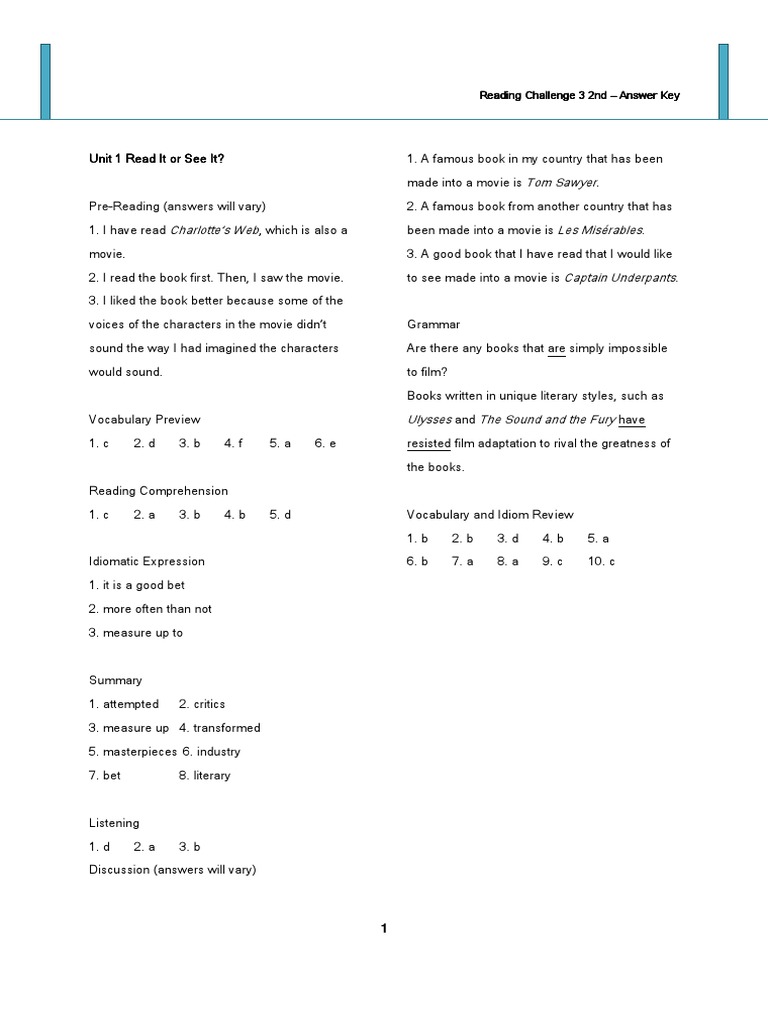 Key Insights and Answers for the Reading Challenge 3 Unit Tests | PDF ...
