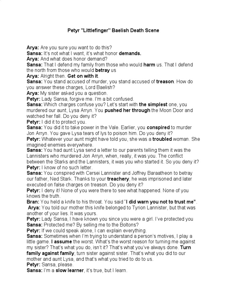 GOT - Petyr (Littlefinger) Baelish Death Scene | PDF | American ...