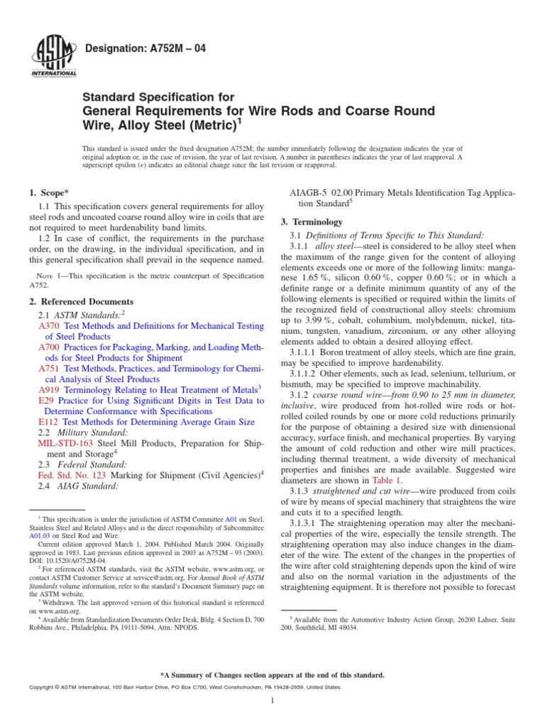 General Requirements For Wire Rods and Coarse Round Wire, Alloy Steel ...