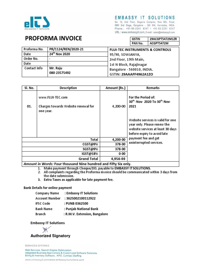 Proforma Invoice: Flui-Tec Instruments & Controls | PDF | Payments | Money