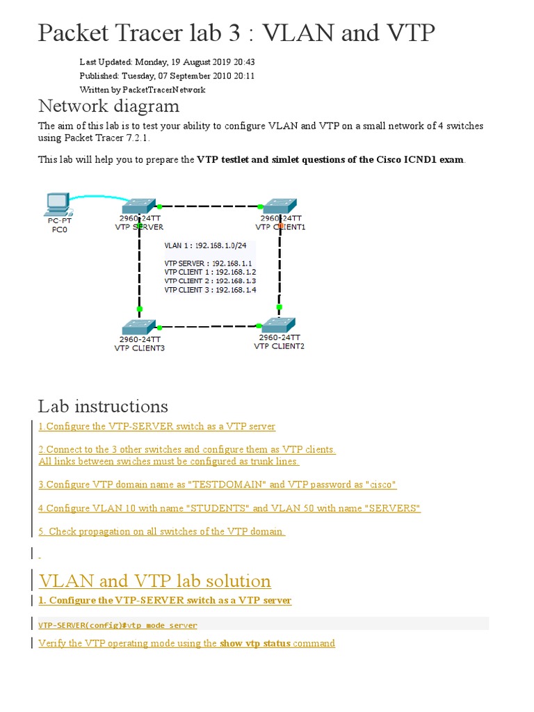 Packet Tracer Lab 3: VLAN and VTP: Network Diagram | PDF | Network ...