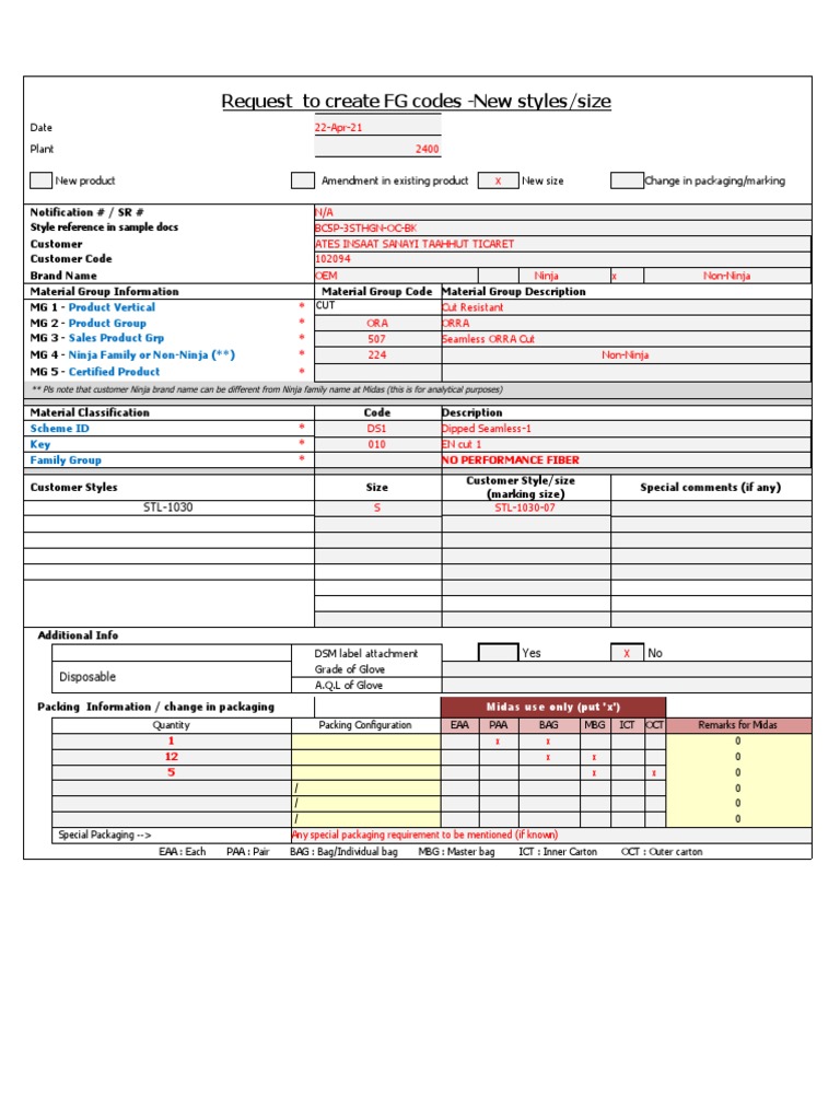 Request To Create FG Codes - New Styles/size | PDF | Textiles | Materials