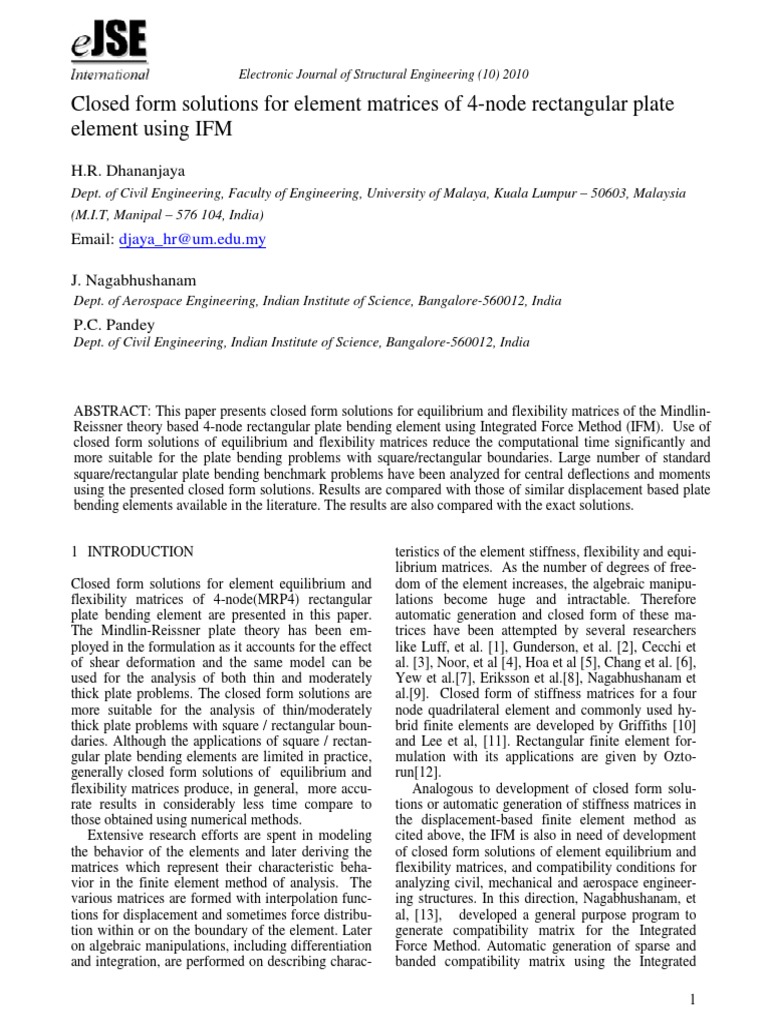 Closed Form Solutions For Element Matrices of 4-Node Rectangular Plate Element Using IFM | PDF ...