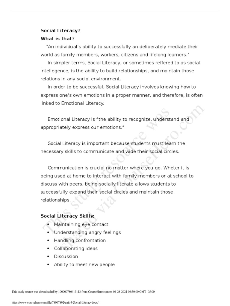 Understanding Social Literacy Skills | PDF | Literacy | Friendship